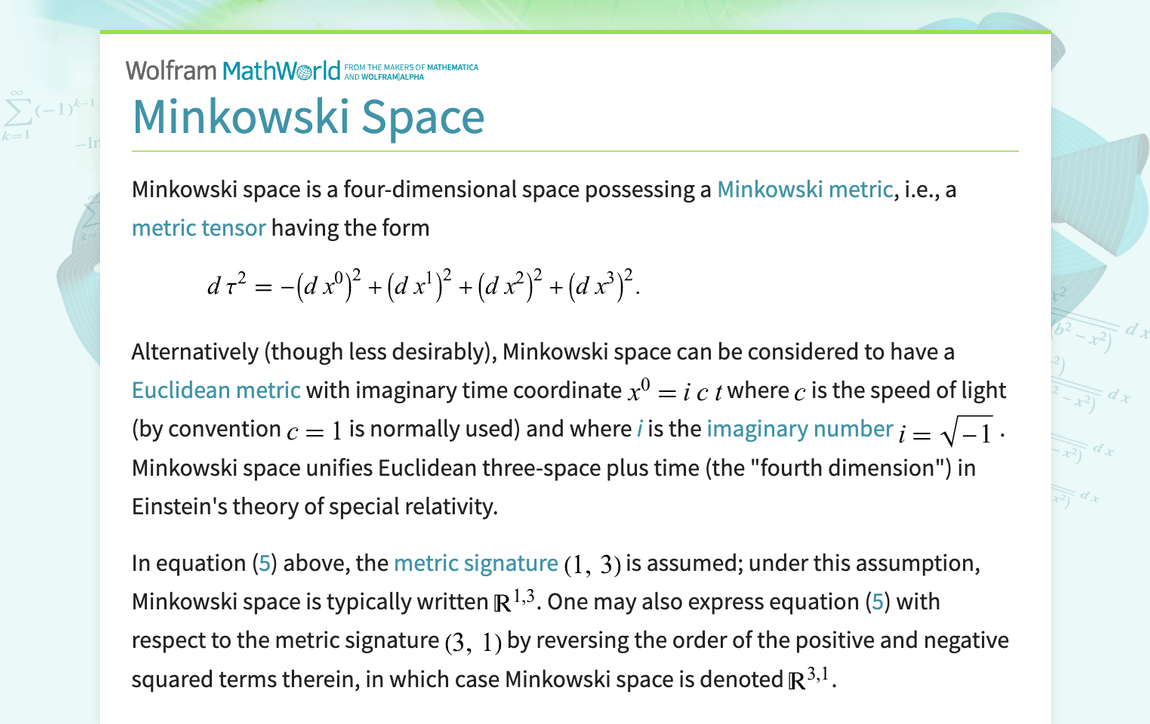 Minkowski Space -- from Wolfram MathWorld