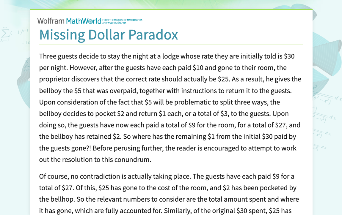 Missing Dollar Paradox -- from Wolfram MathWorld