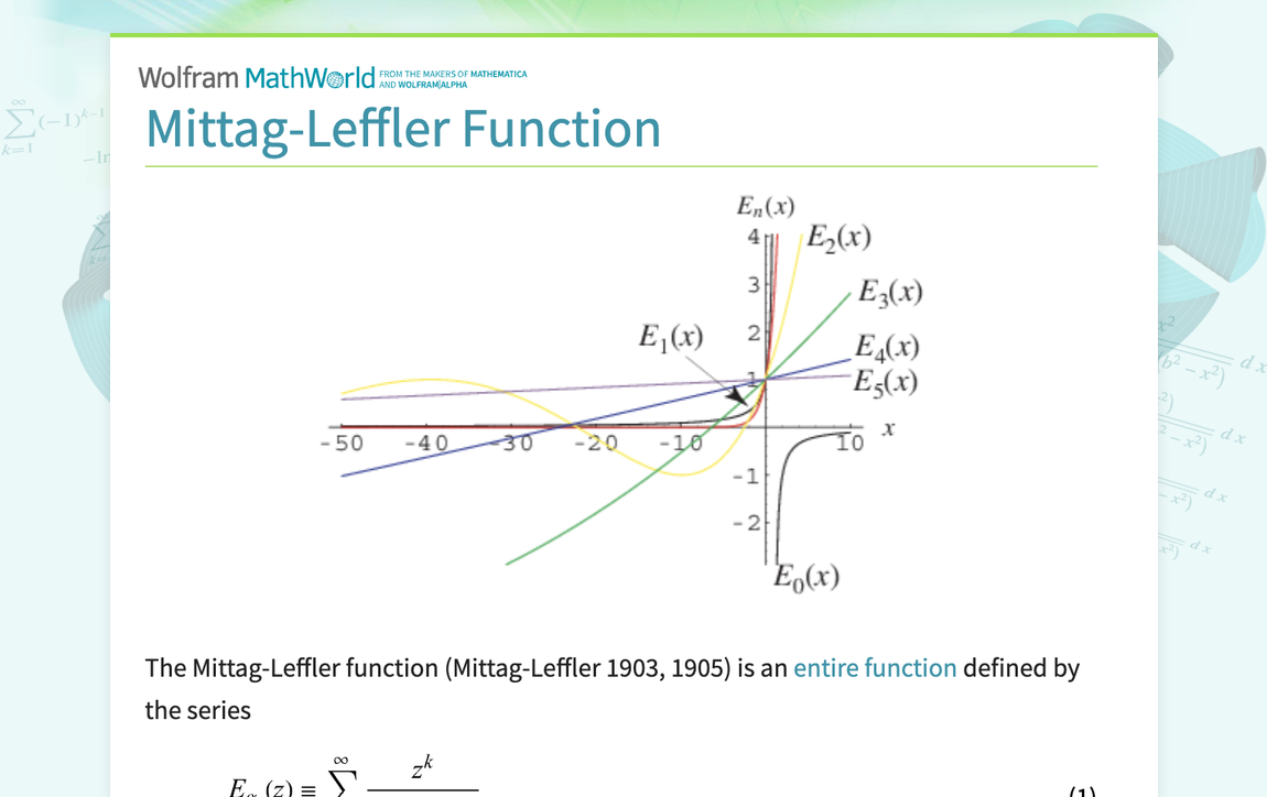 Mittag-Leffler Function -- from Wolfram MathWorld