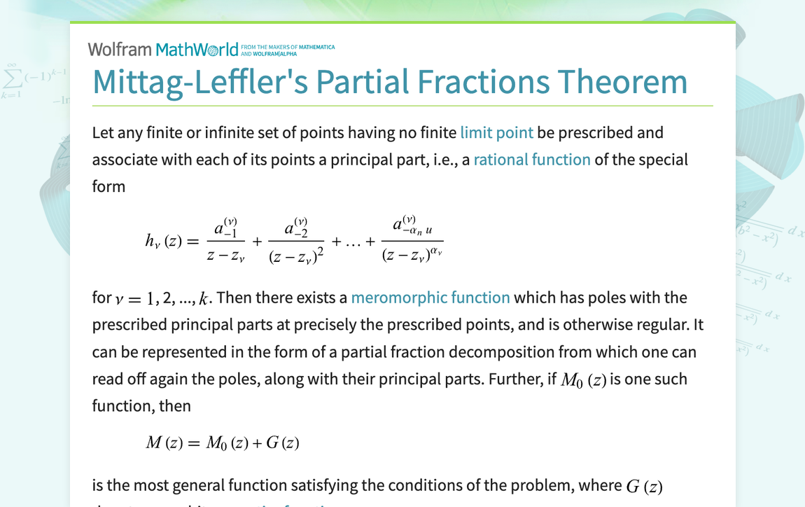 Mittag-Leffler's Partial Fractions Theorem -- from Wolfram MathWorld