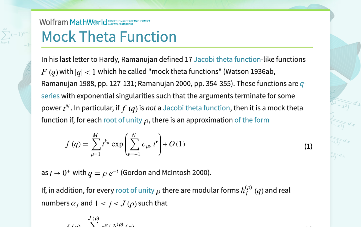 Mock Theta Function -- from Wolfram MathWorld