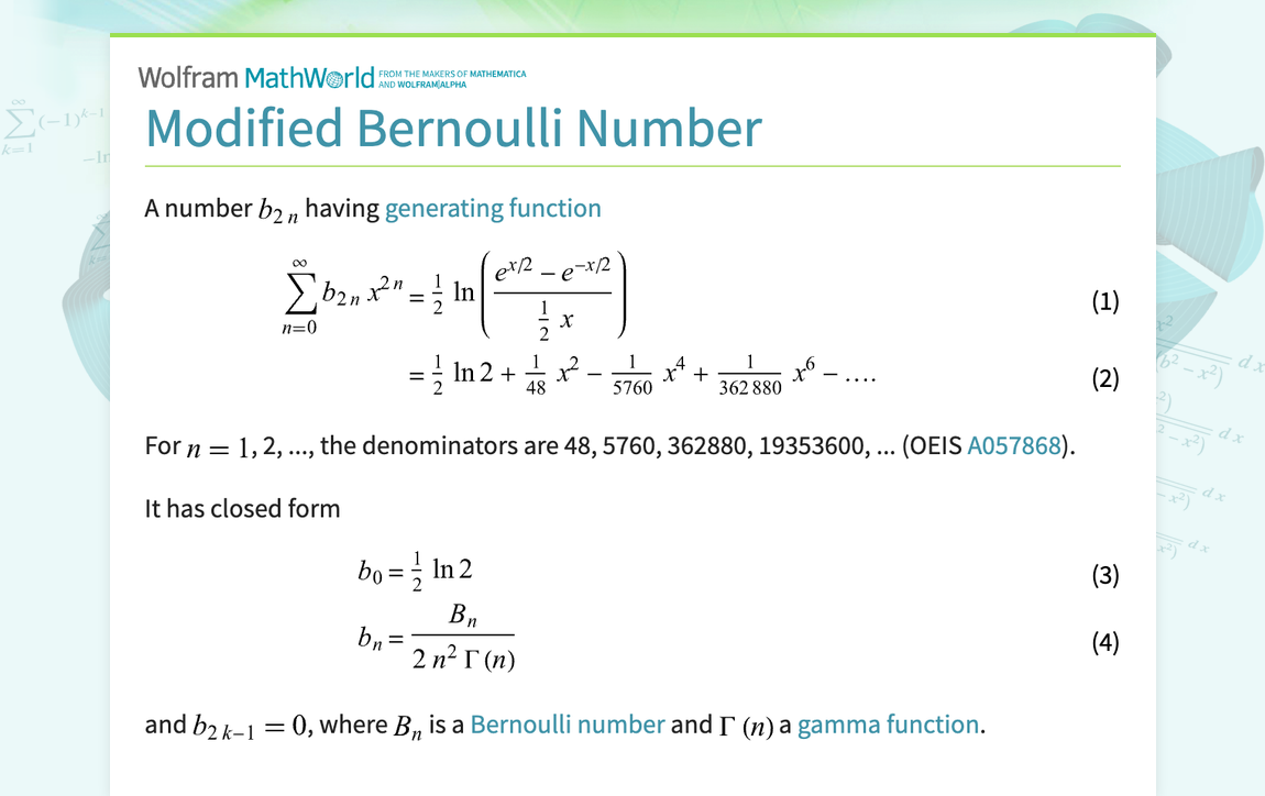 Modified Bernoulli Number -- from Wolfram MathWorld