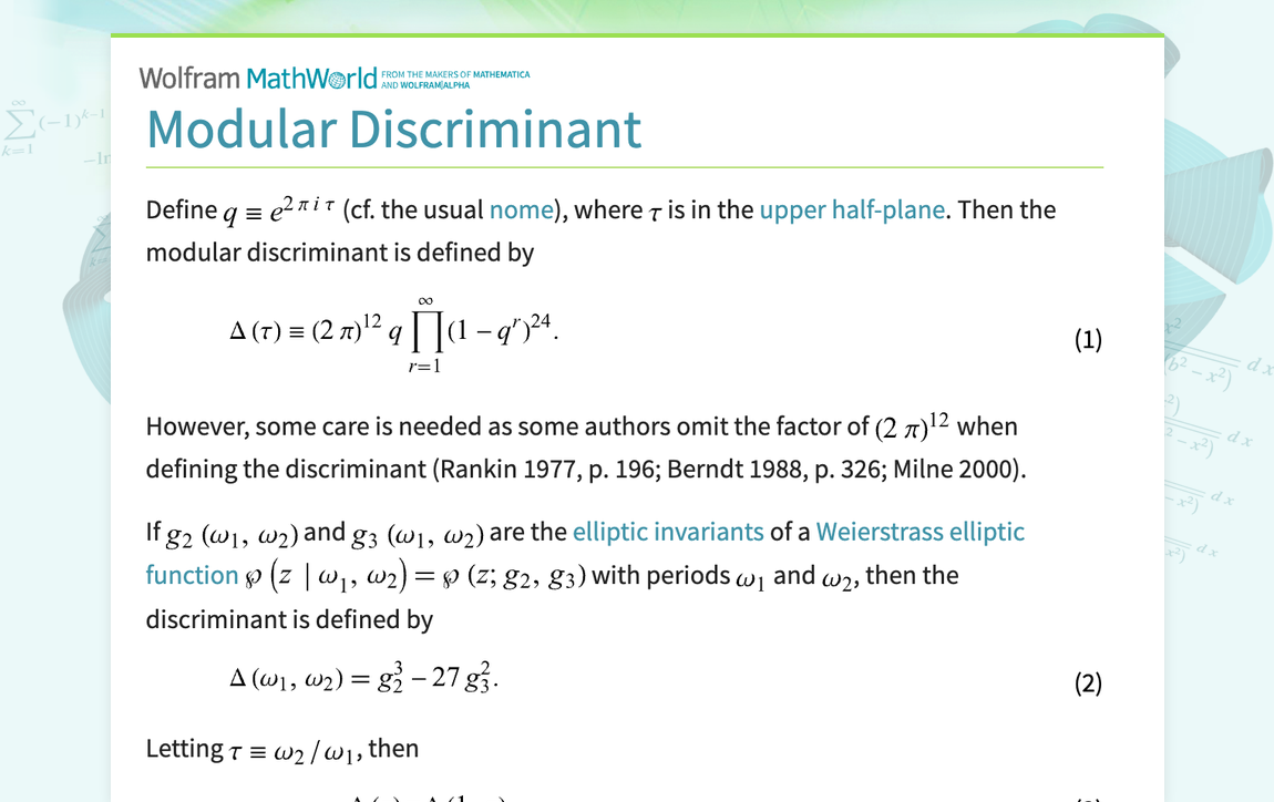 Modular Discriminant -- from Wolfram MathWorld