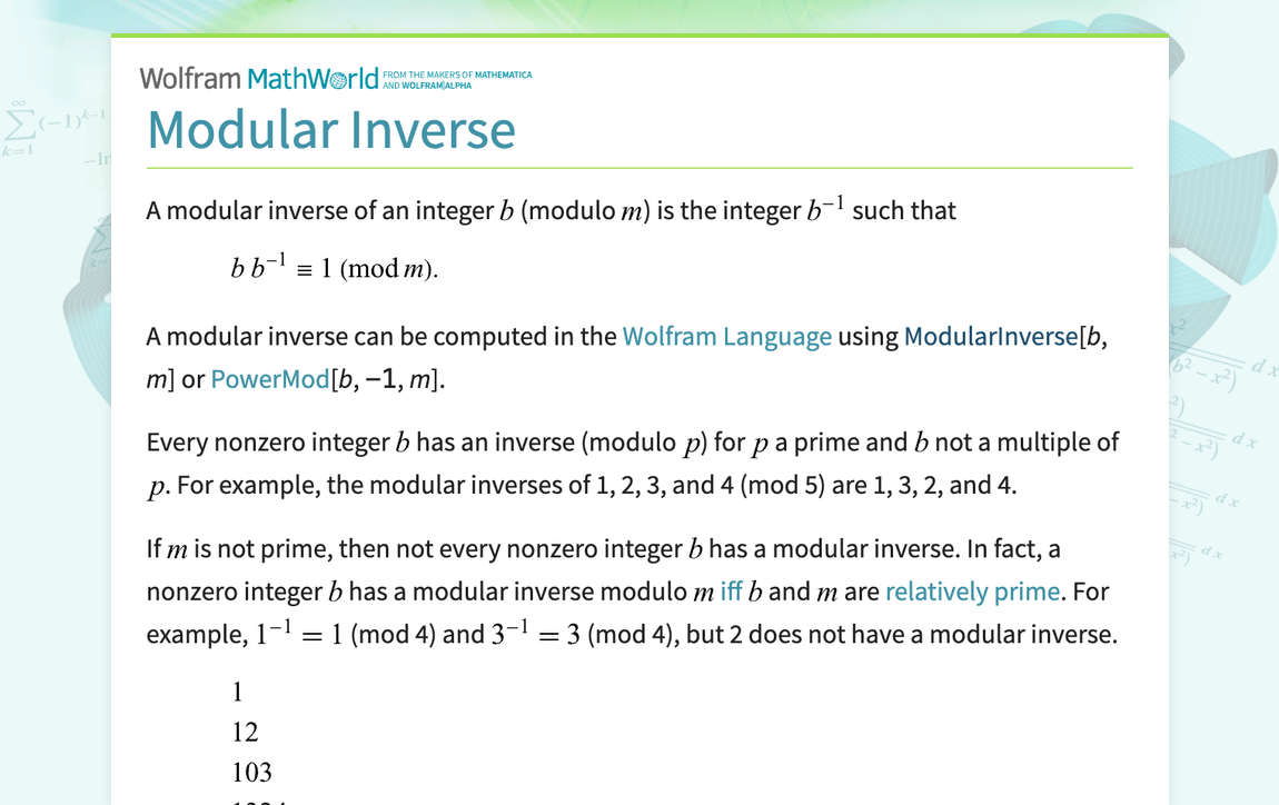 Modular Inverse From Wolfram Mathworld