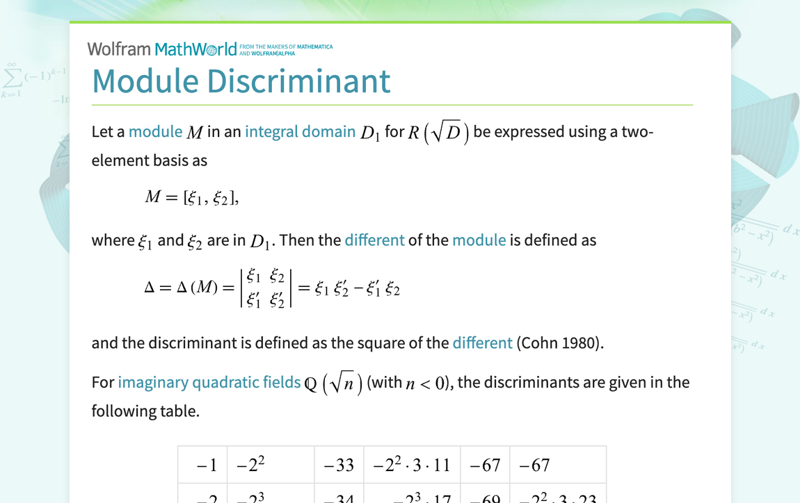 Module Discriminant -- from Wolfram MathWorld