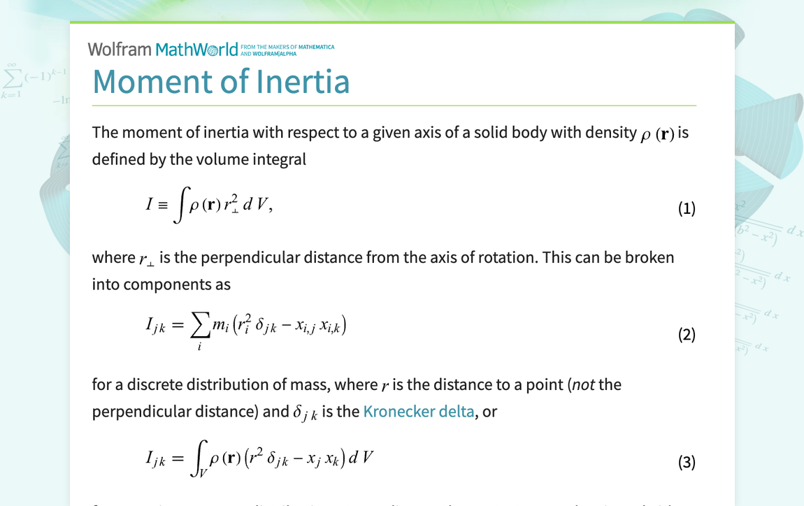 Moment of Inertia -- from Wolfram MathWorld