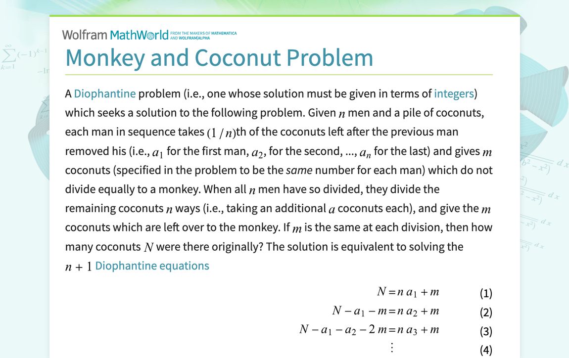 Monkey and Coconut Problem -- from Wolfram MathWorld