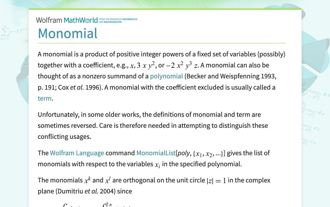 Monomial -- from Wolfram MathWorld