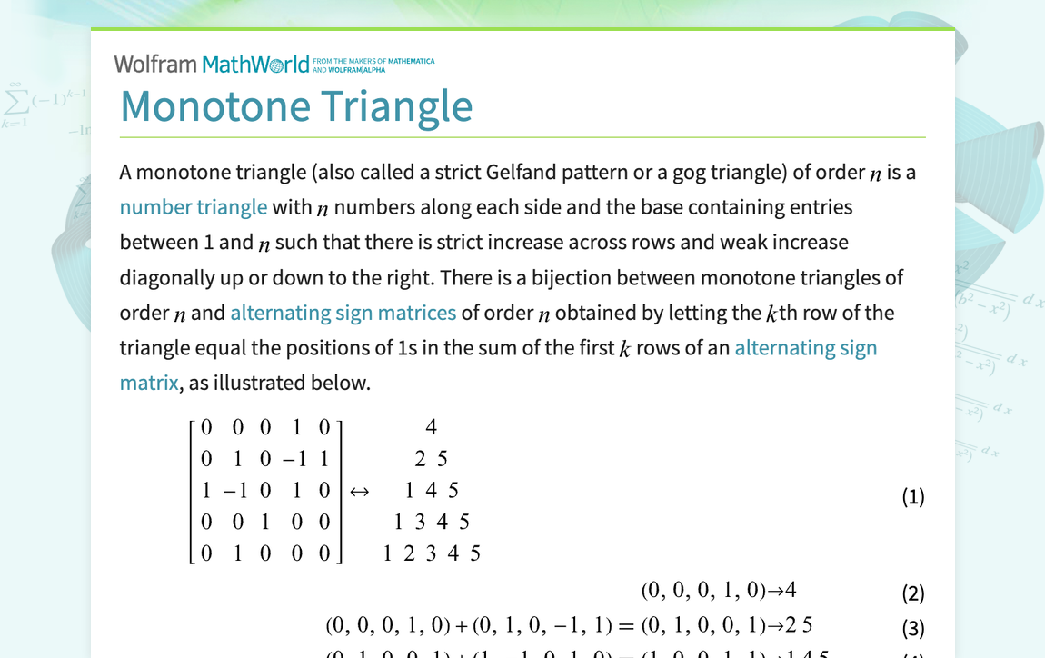 Monotone Triangle -- from Wolfram MathWorld