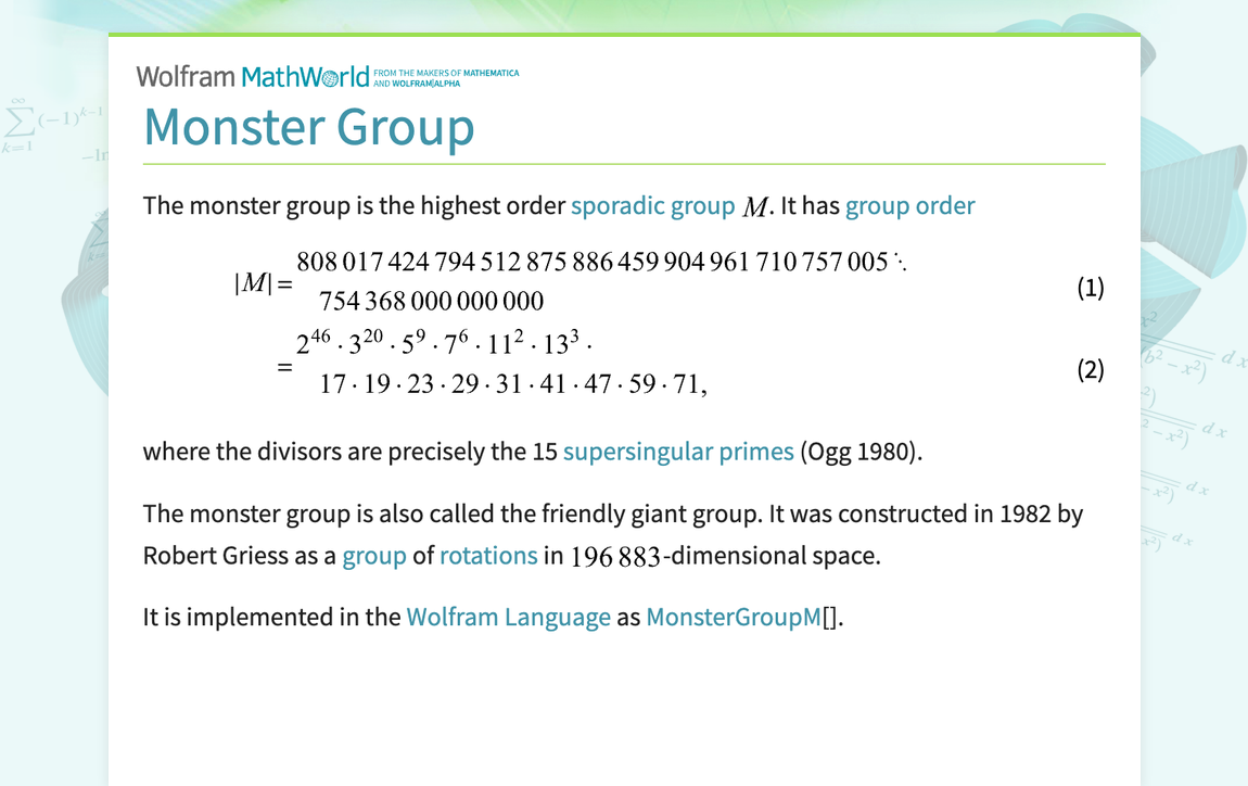 Monster Group -- from Wolfram MathWorld