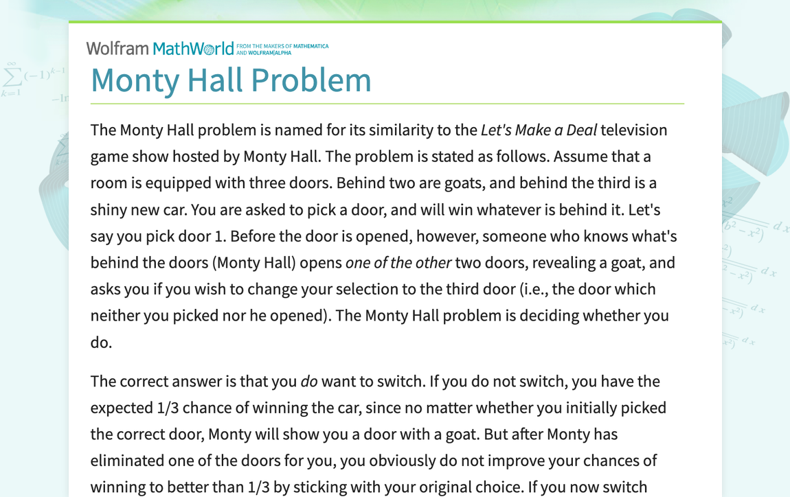 Monty Hall Problem -- from Wolfram MathWorld