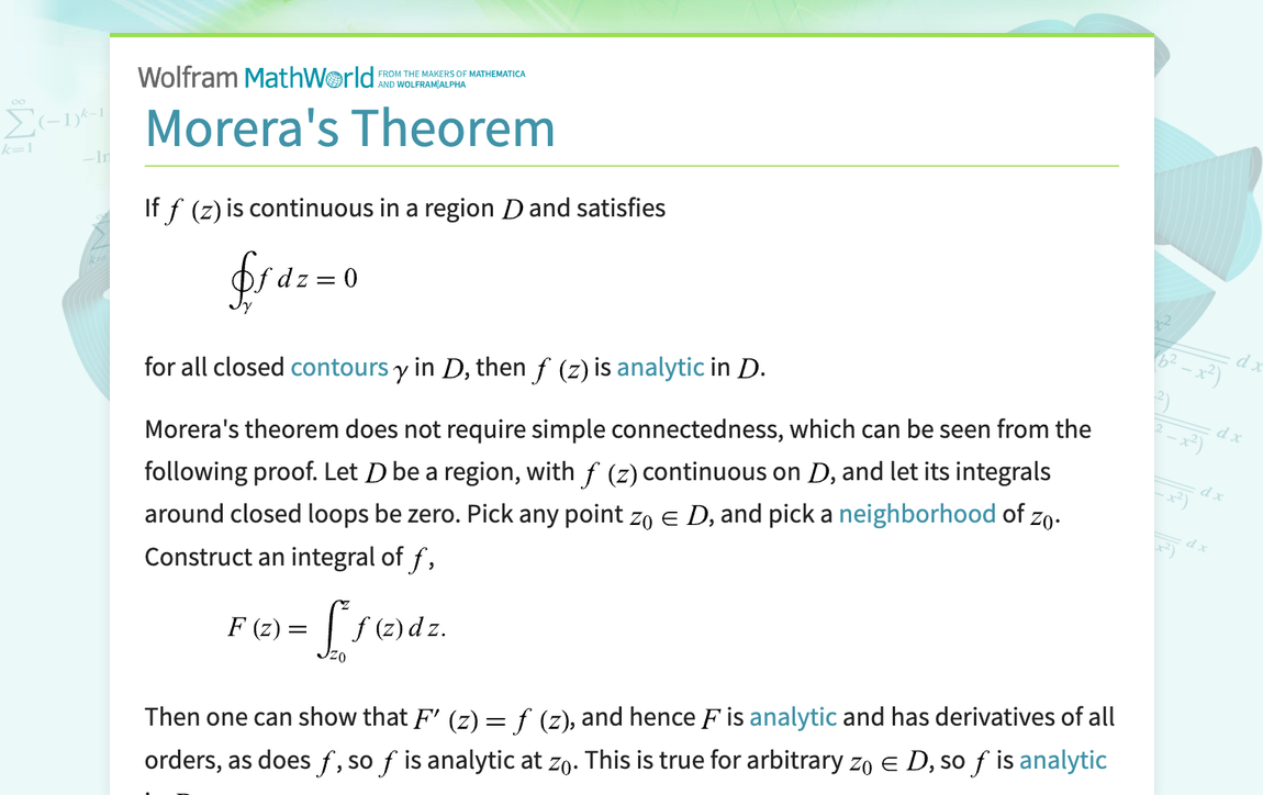 Morera's Theorem -- from Wolfram MathWorld