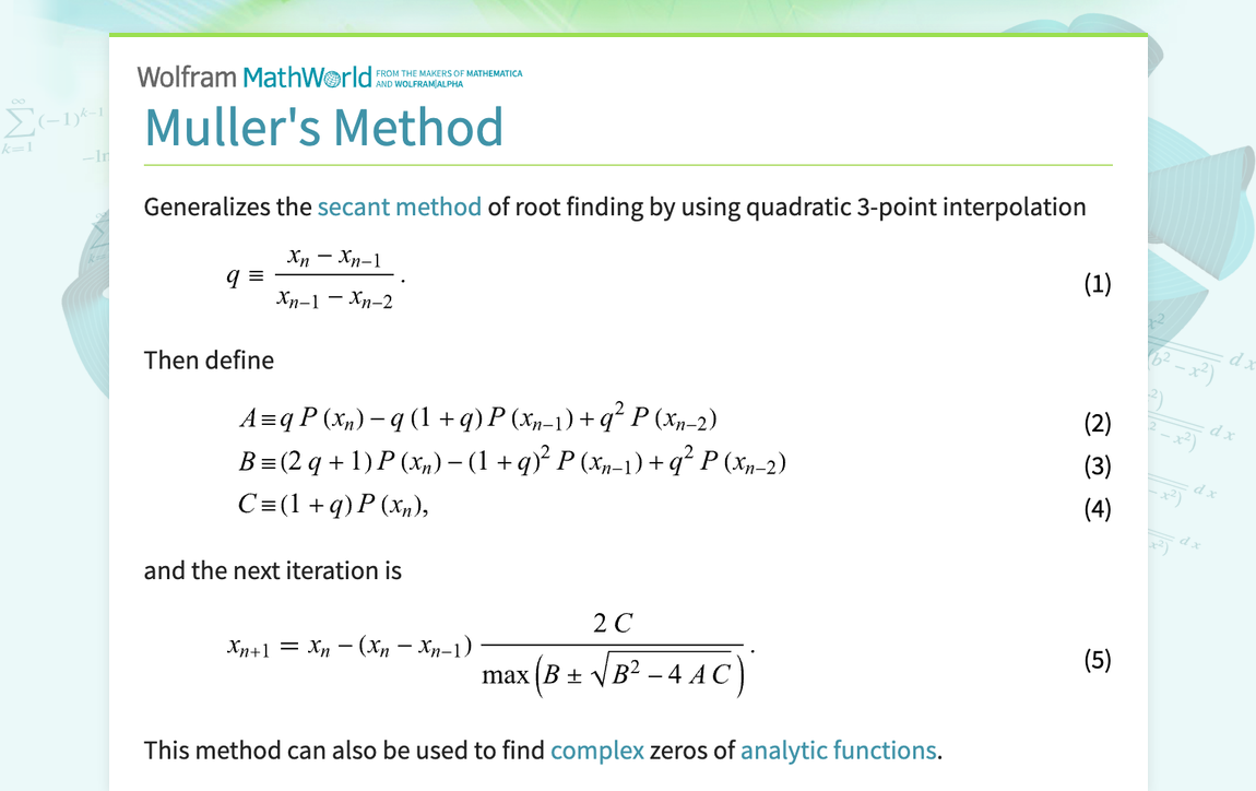 Muller's Method -- from Wolfram MathWorld
