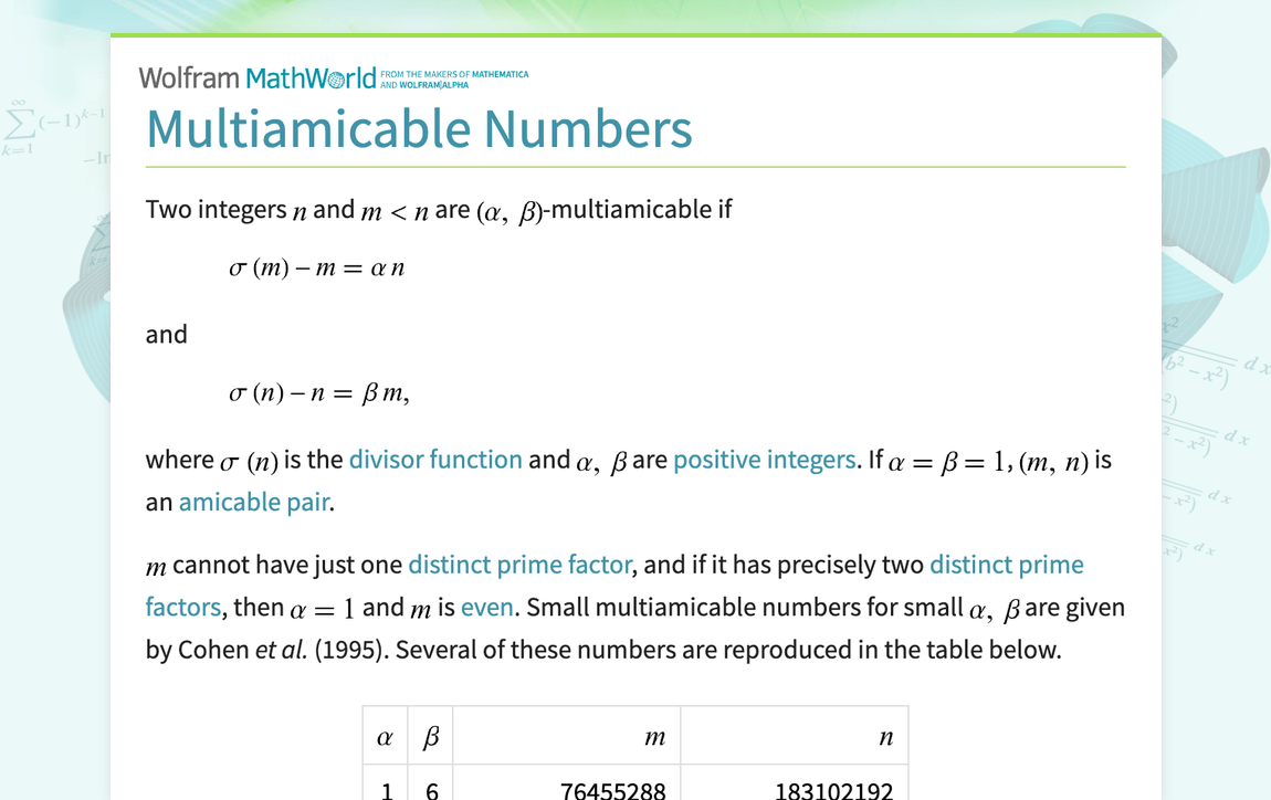 Multiamicable Numbers -- from Wolfram MathWorld