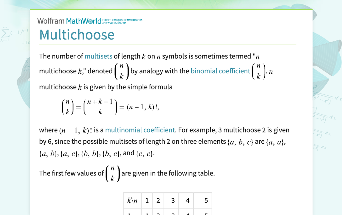 Multichoose -- from Wolfram MathWorld