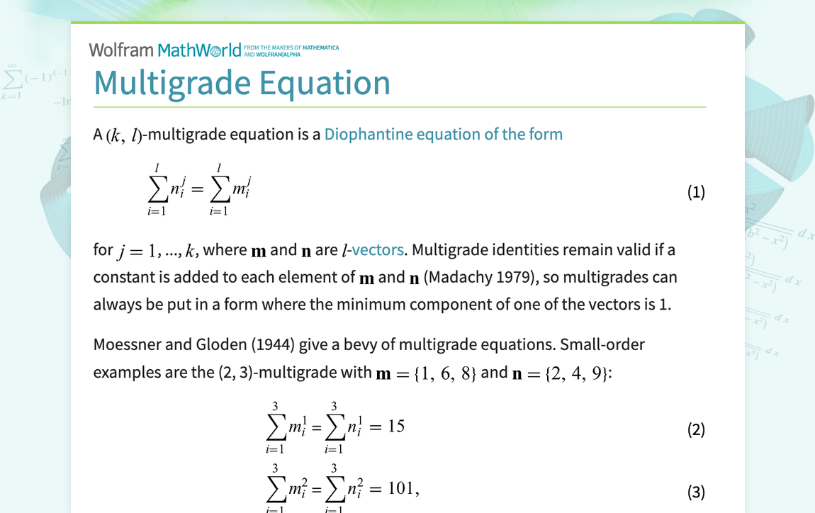 Multigrade Equation -- from Wolfram MathWorld