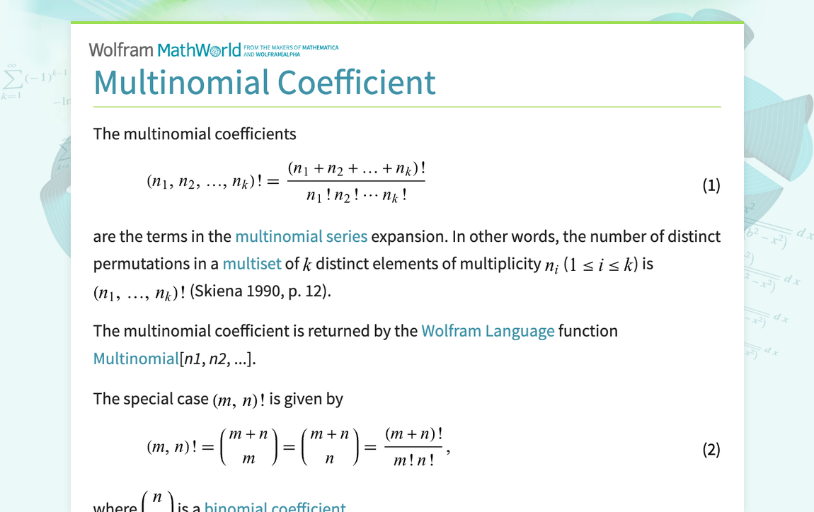 Multinomial Coefficient From Wolfram Mathworld