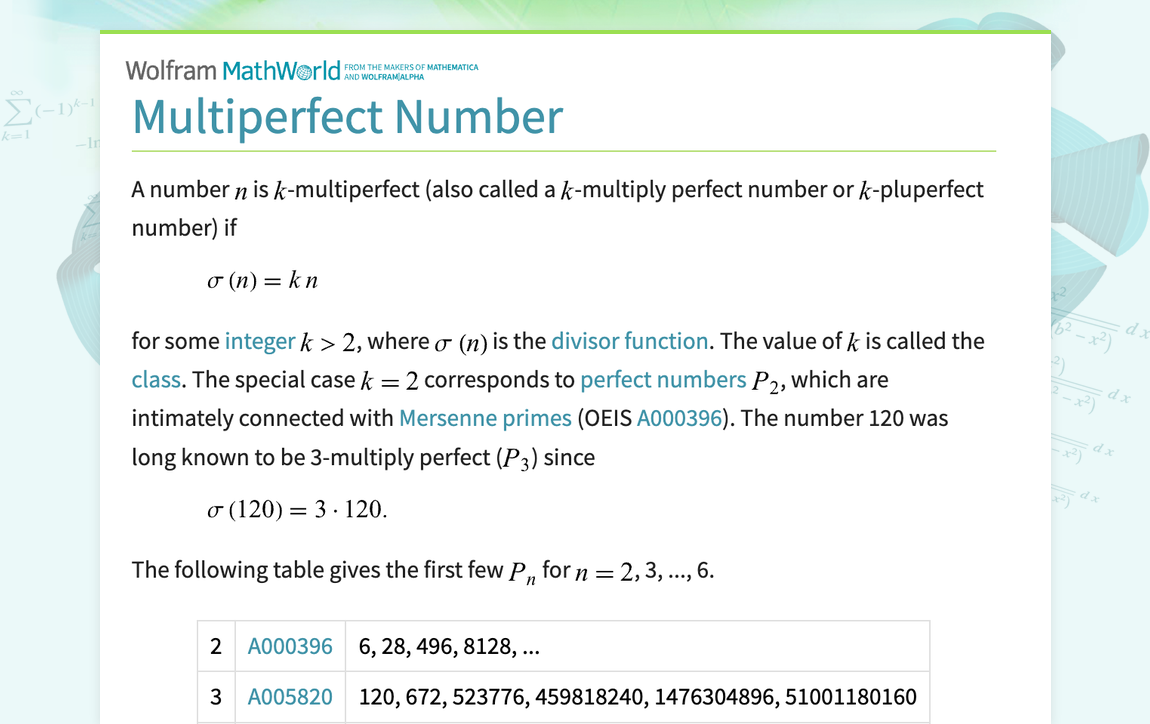 Multiperfect Number -- from Wolfram MathWorld