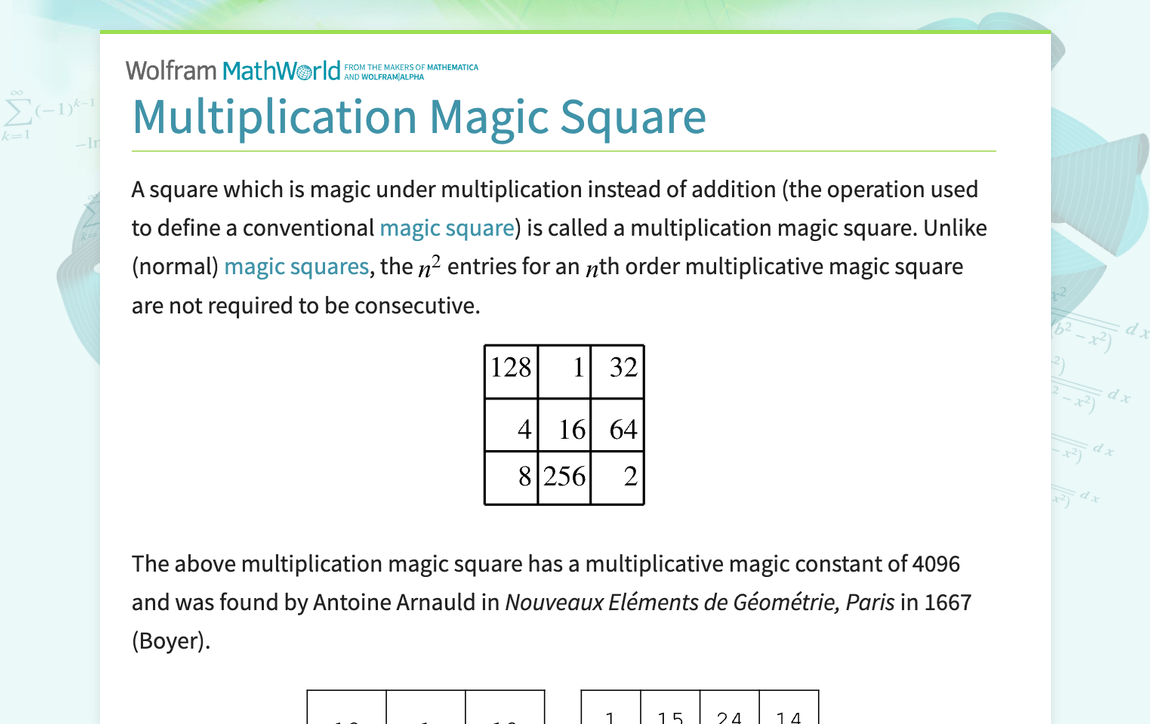 Multiplication Magic Square -- from Wolfram MathWorld