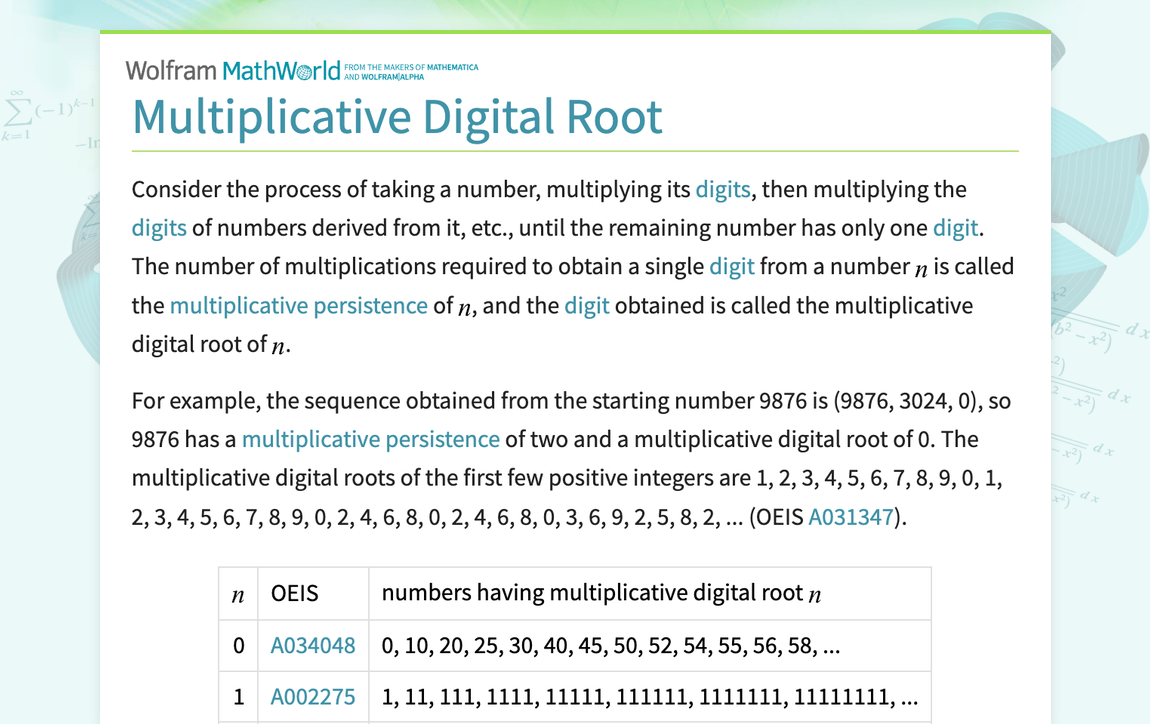 Multiplicative Digital Root -- from Wolfram MathWorld