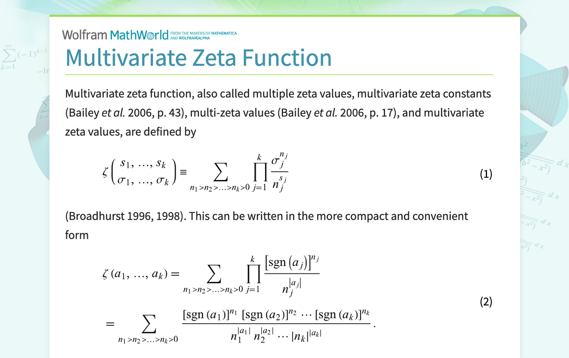 Multivariate Zeta Function -- from Wolfram MathWorld