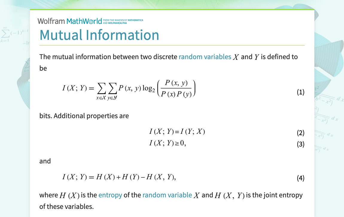 Mutual Information -- from Wolfram MathWorld Mutual Information -- from Wolfram MathWorld