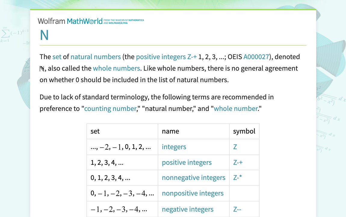 N -- from Wolfram MathWorld