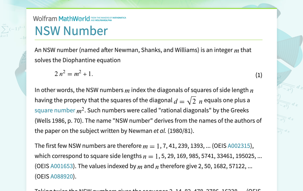 NSW Number -- from Wolfram MathWorld