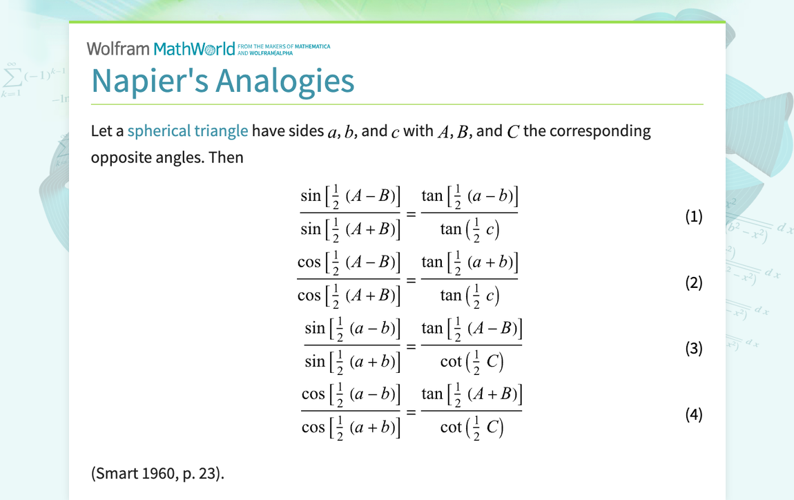 Napier's Analogies -- from Wolfram MathWorld