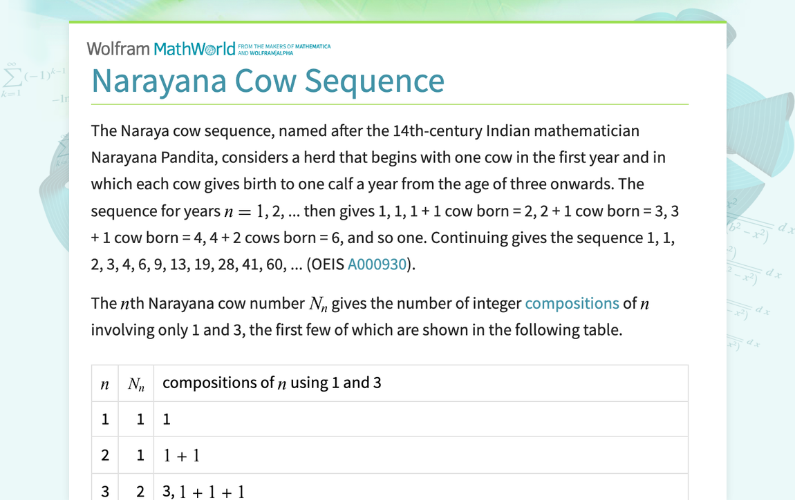 Narayana Cow Sequence -- from Wolfram MathWorld