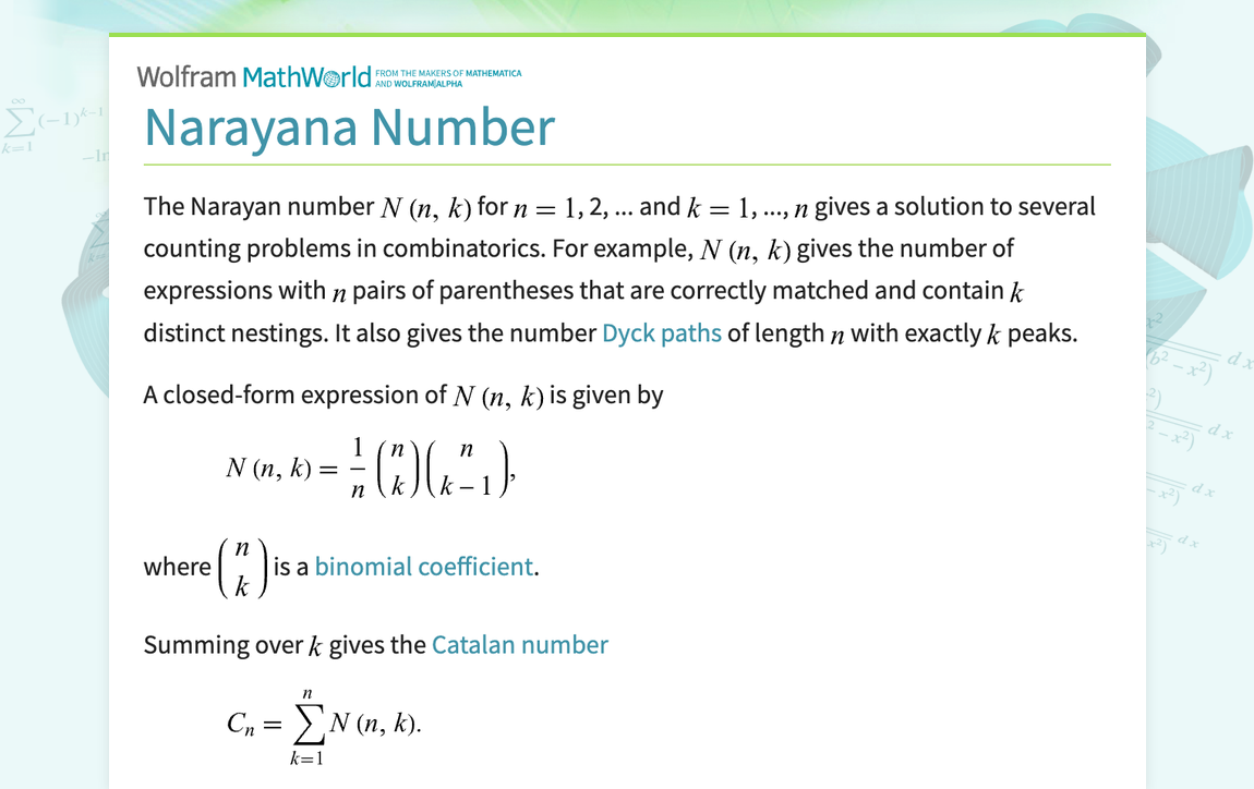 Narayana Number -- from Wolfram MathWorld