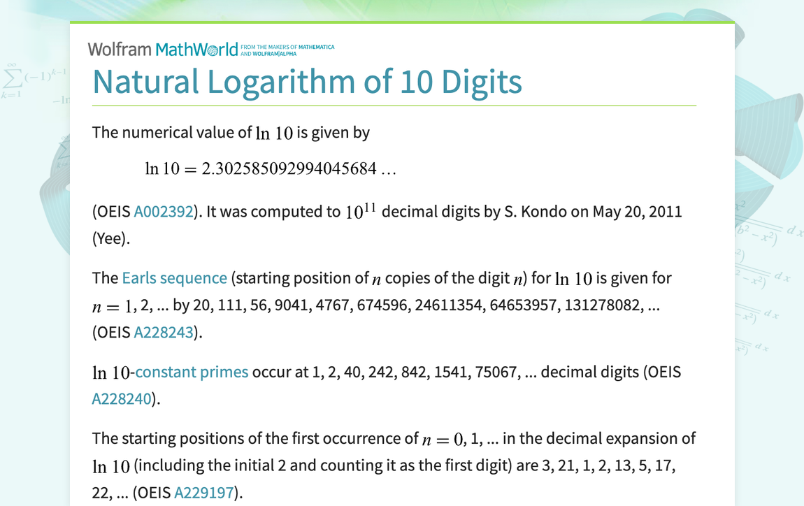 Natural Logarithm of 10 Digits -- from Wolfram MathWorld