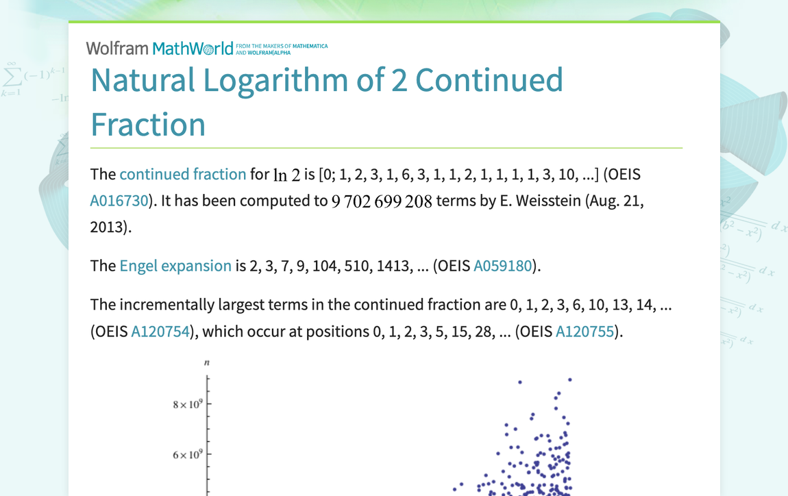 Natural Logarithm of 2 Continued Fraction -- from Wolfram MathWorld Natural Logarithm of 2 Continued Fraction -- from Wolfram MathWorld