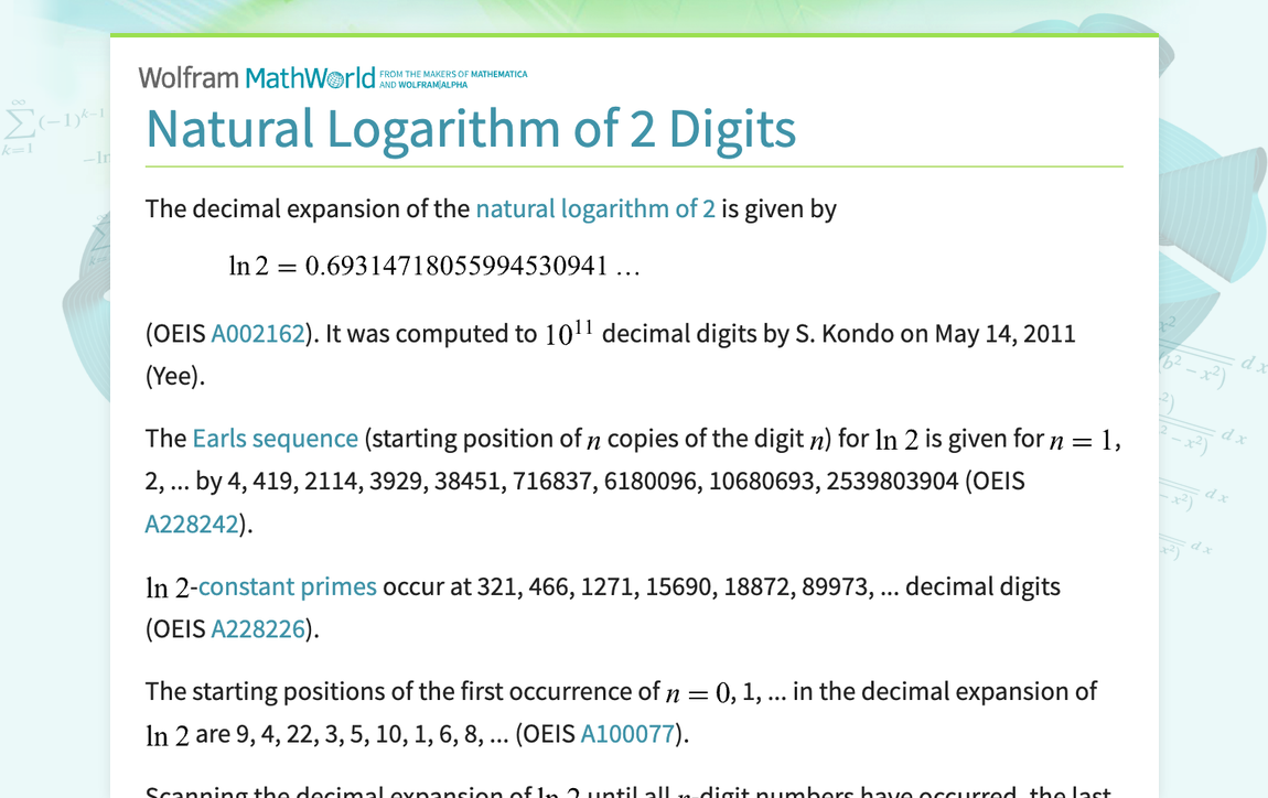 Natural Logarithm of 2 Digits -- from Wolfram MathWorld
