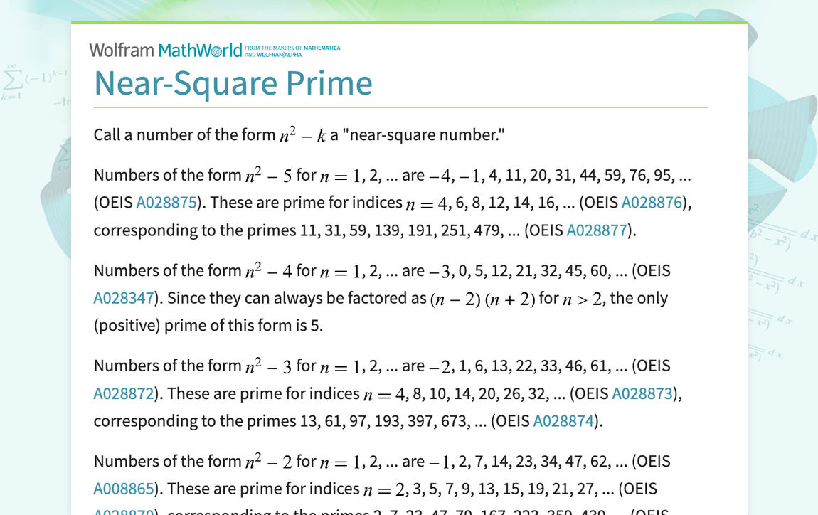 Near-Square Prime -- from Wolfram MathWorld