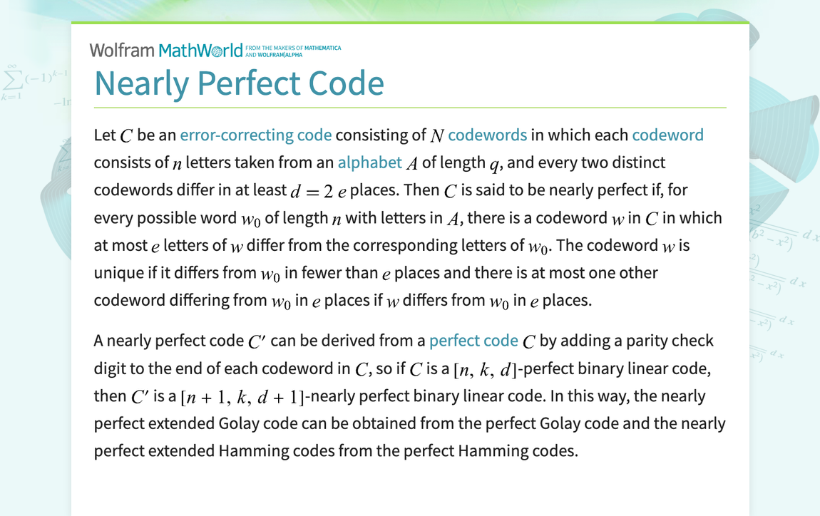 Nearly Perfect Code From Wolfram Mathworld