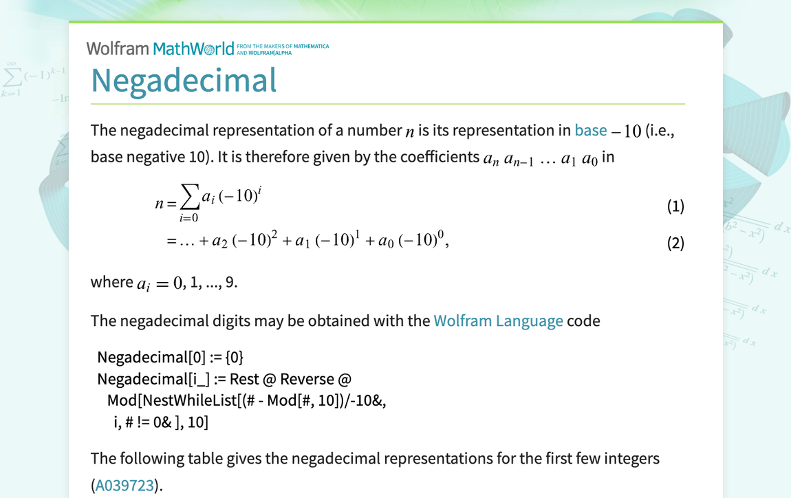 Negadecimal -- from Wolfram MathWorld