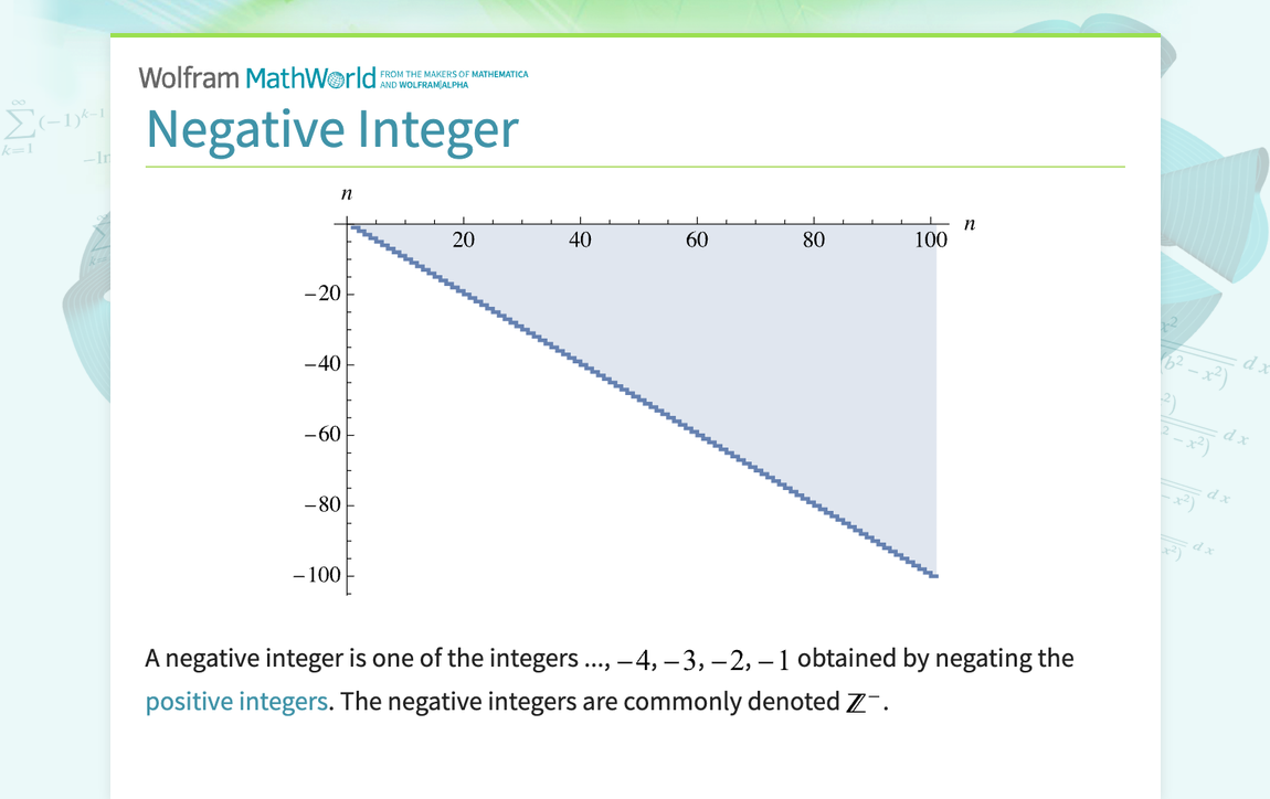 Negative Integer -- from Wolfram MathWorld Negative Integer -- from Wolfram MathWorld