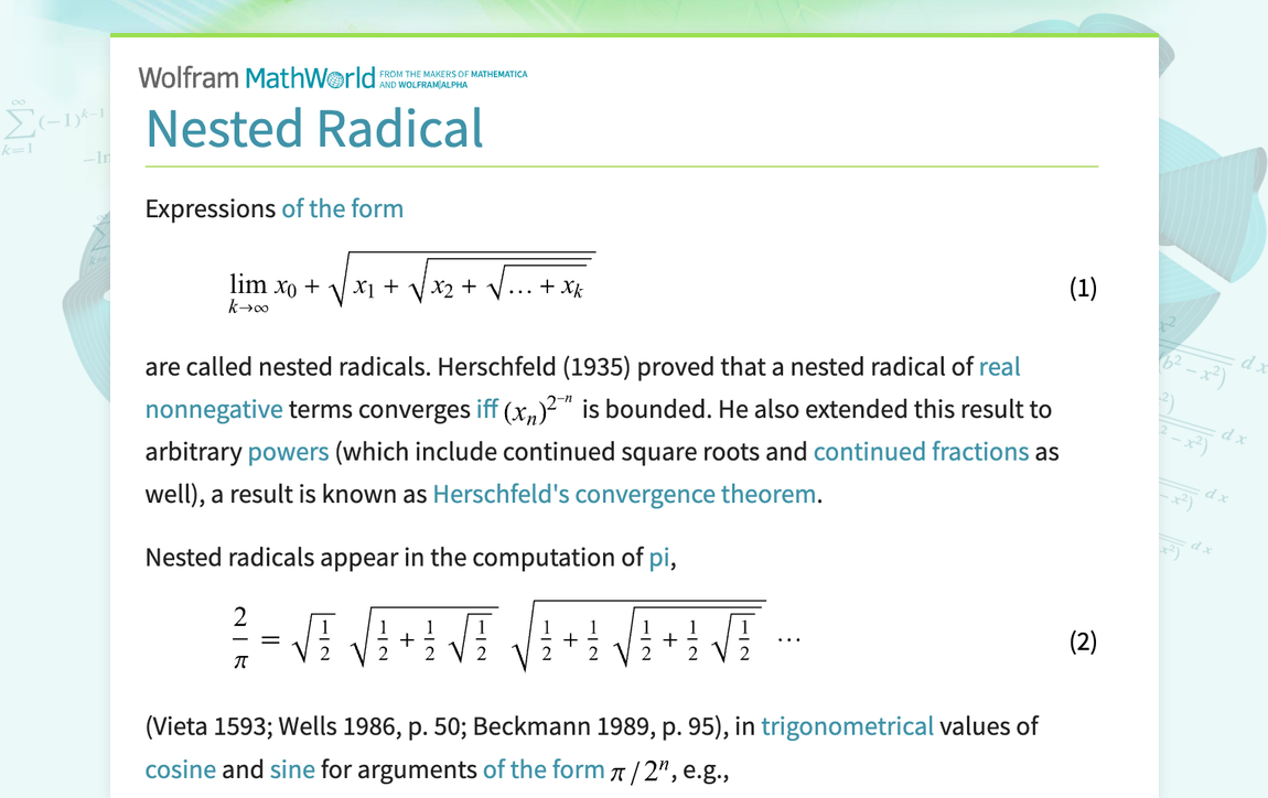 Nested Radical -- from Wolfram MathWorld