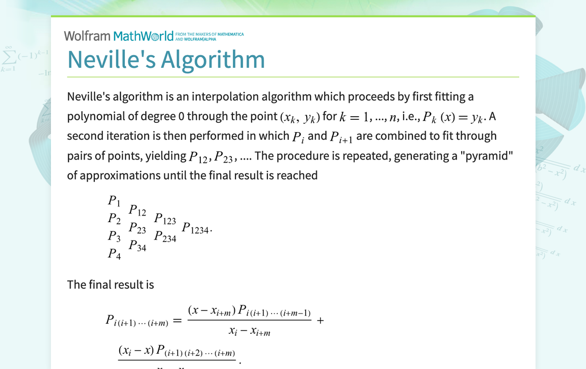 Nevilles Algorithm From Wolfram Mathworld