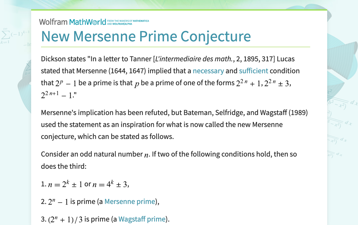 New Mersenne Prime Conjecture -- from Wolfram MathWorld