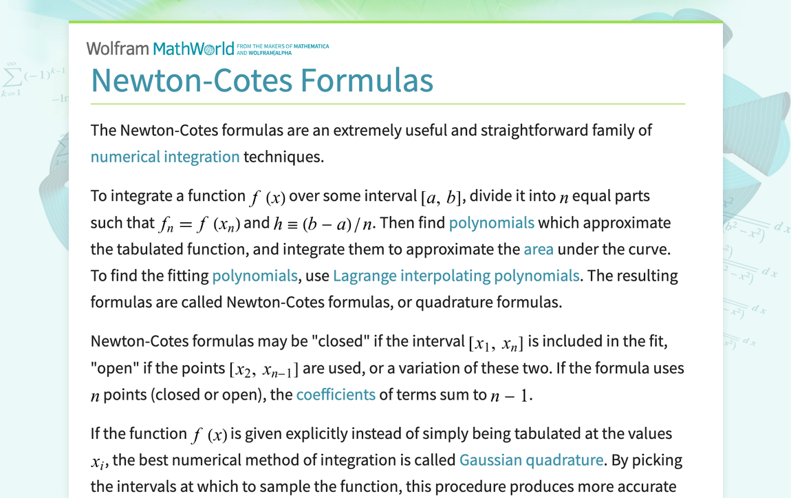 Newton-Cotes Formulas -- from Wolfram MathWorld