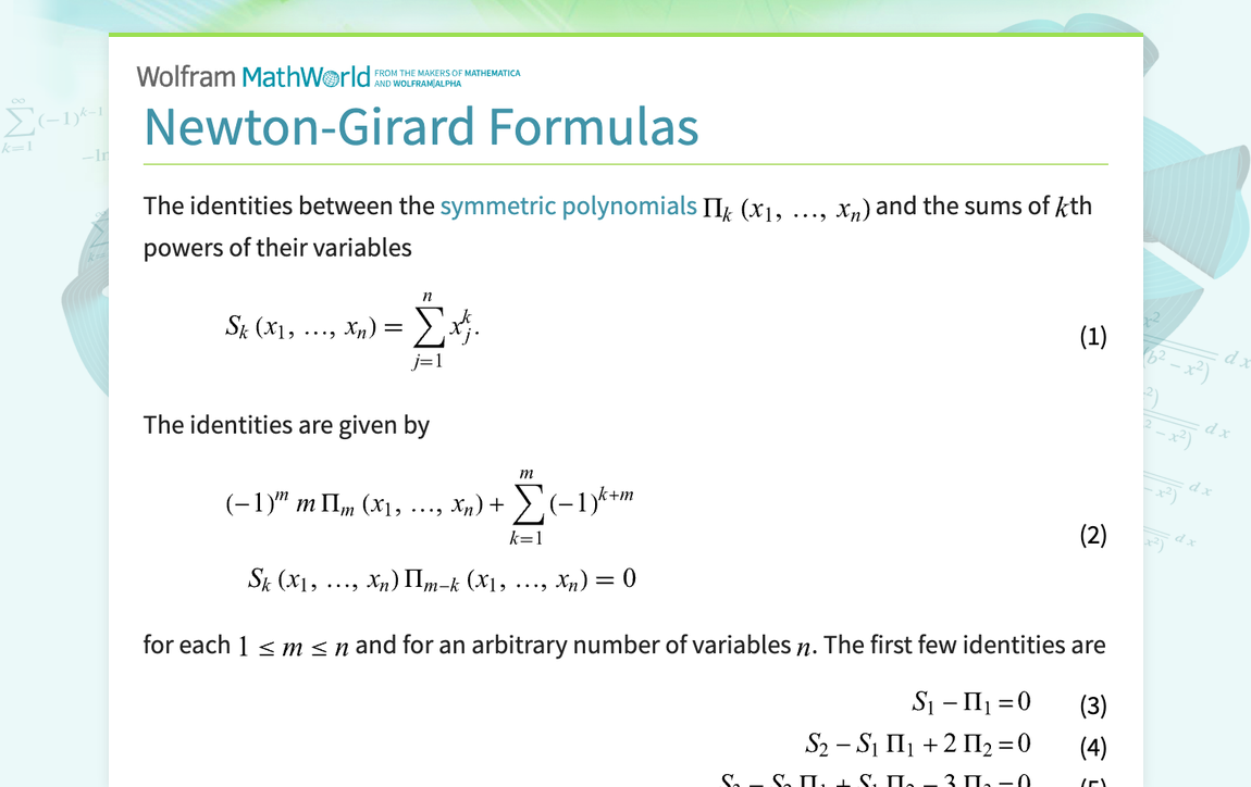 Newton-Girard Formulas -- from Wolfram MathWorld