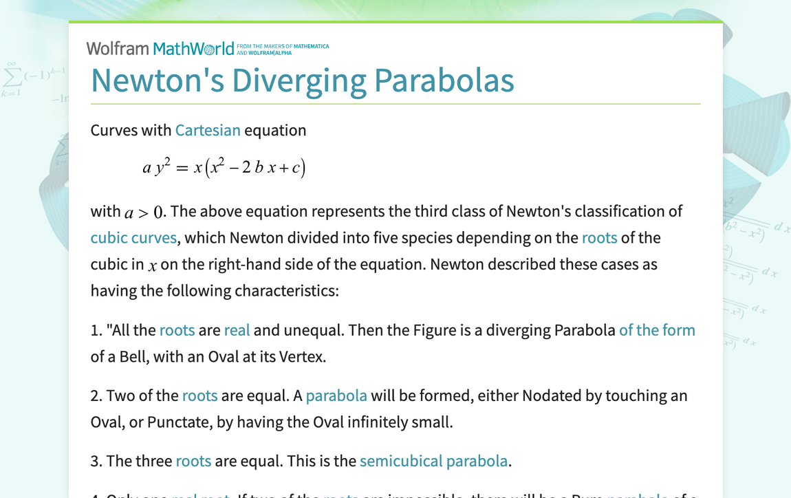 Newton's Diverging Parabolas -- from Wolfram MathWorld