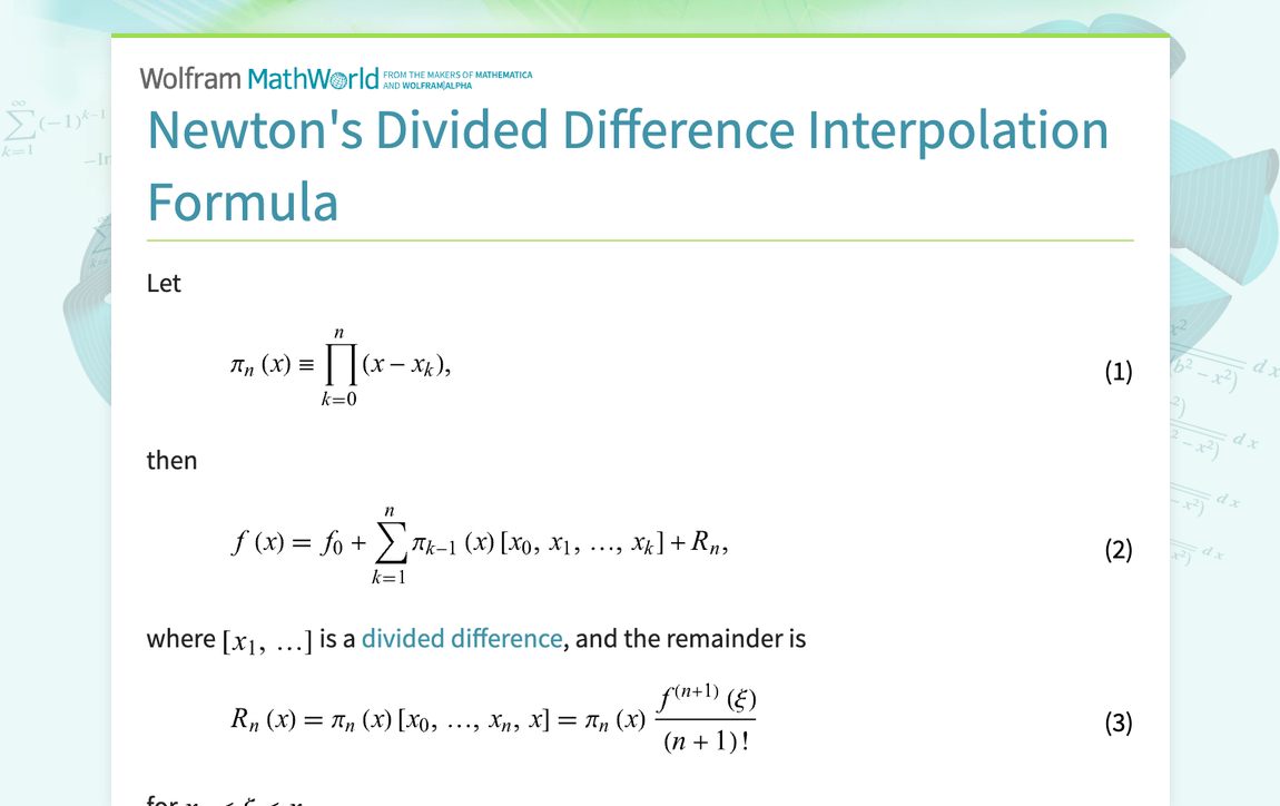 Newton's Divided Difference Interpolation Formula -- from Wolfram MathWorld