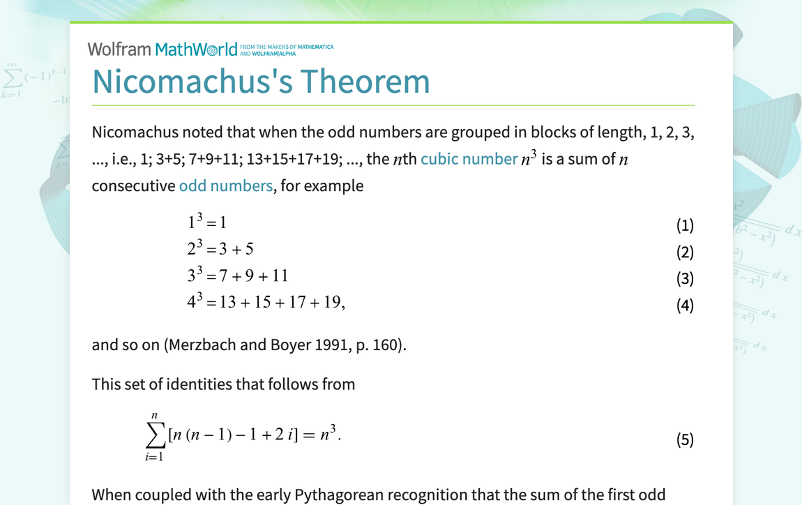Nicomachus's Theorem -- from Wolfram MathWorld