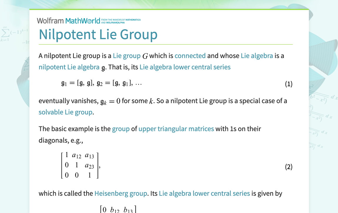Nilpotent Lie Group -- from Wolfram MathWorld