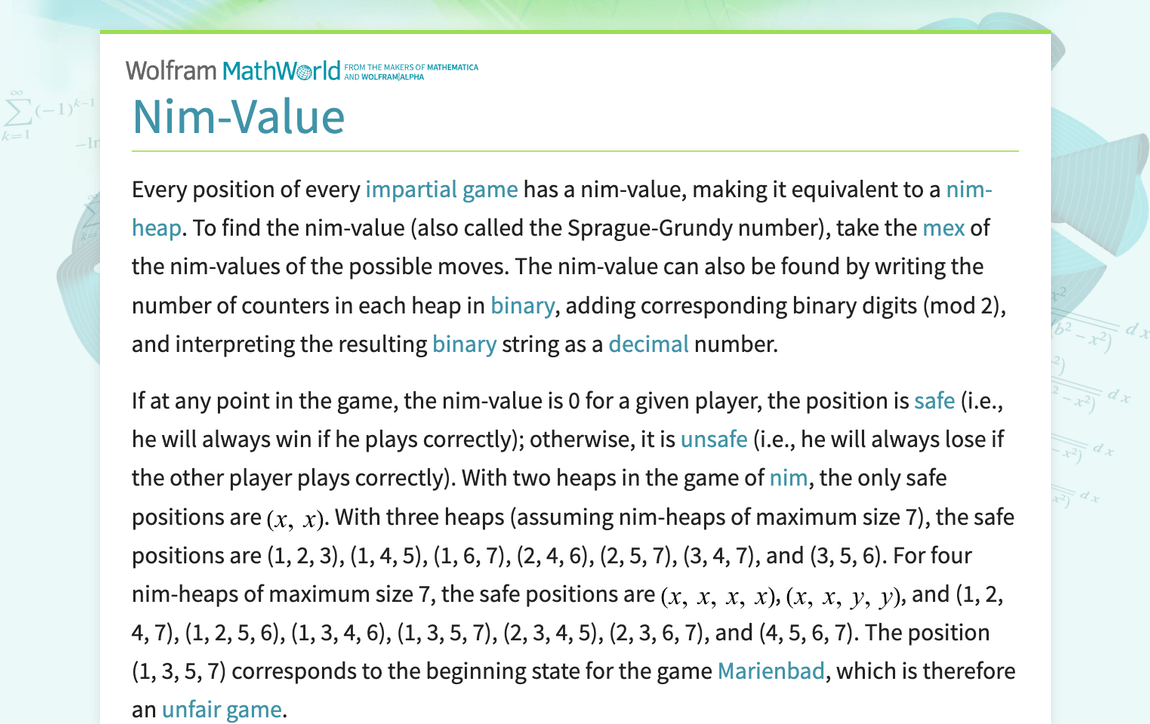 Nim-Value -- from Wolfram MathWorld