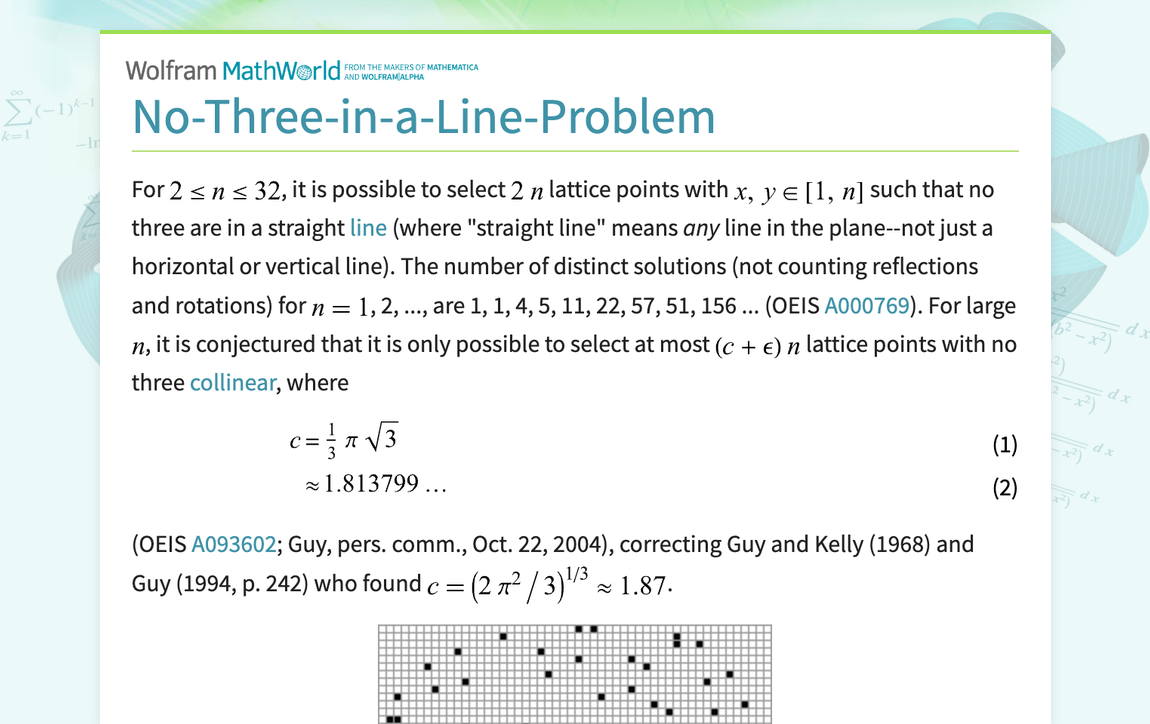 No-Three-in-a-Line-Problem -- from Wolfram MathWorld