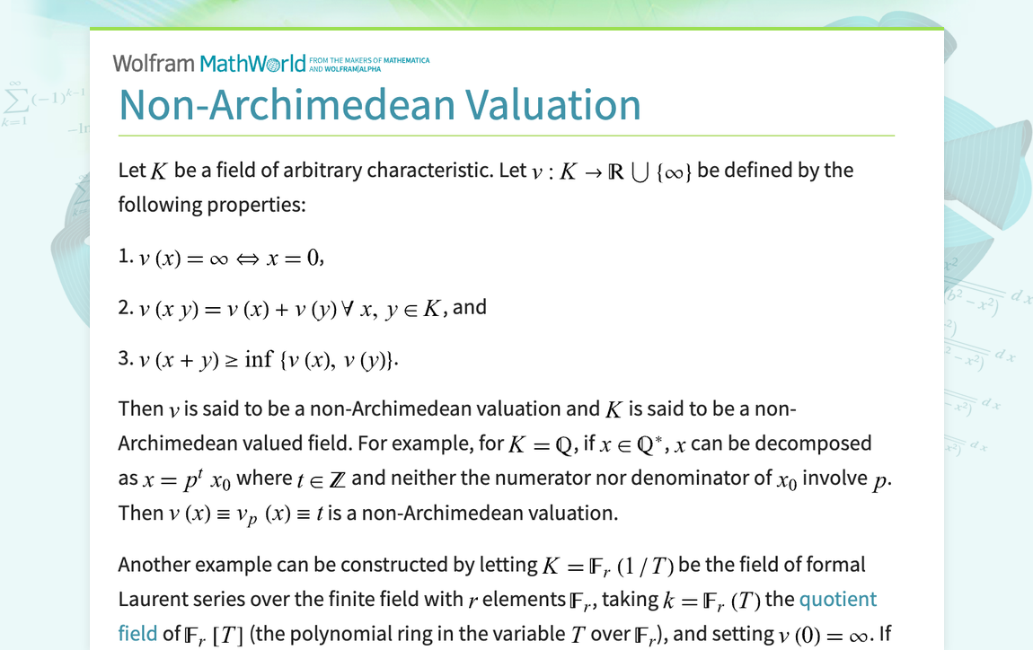 Non-Archimedean Valuation -- from Wolfram MathWorld Non-Archimedean Valuation -- from Wolfram MathWorld